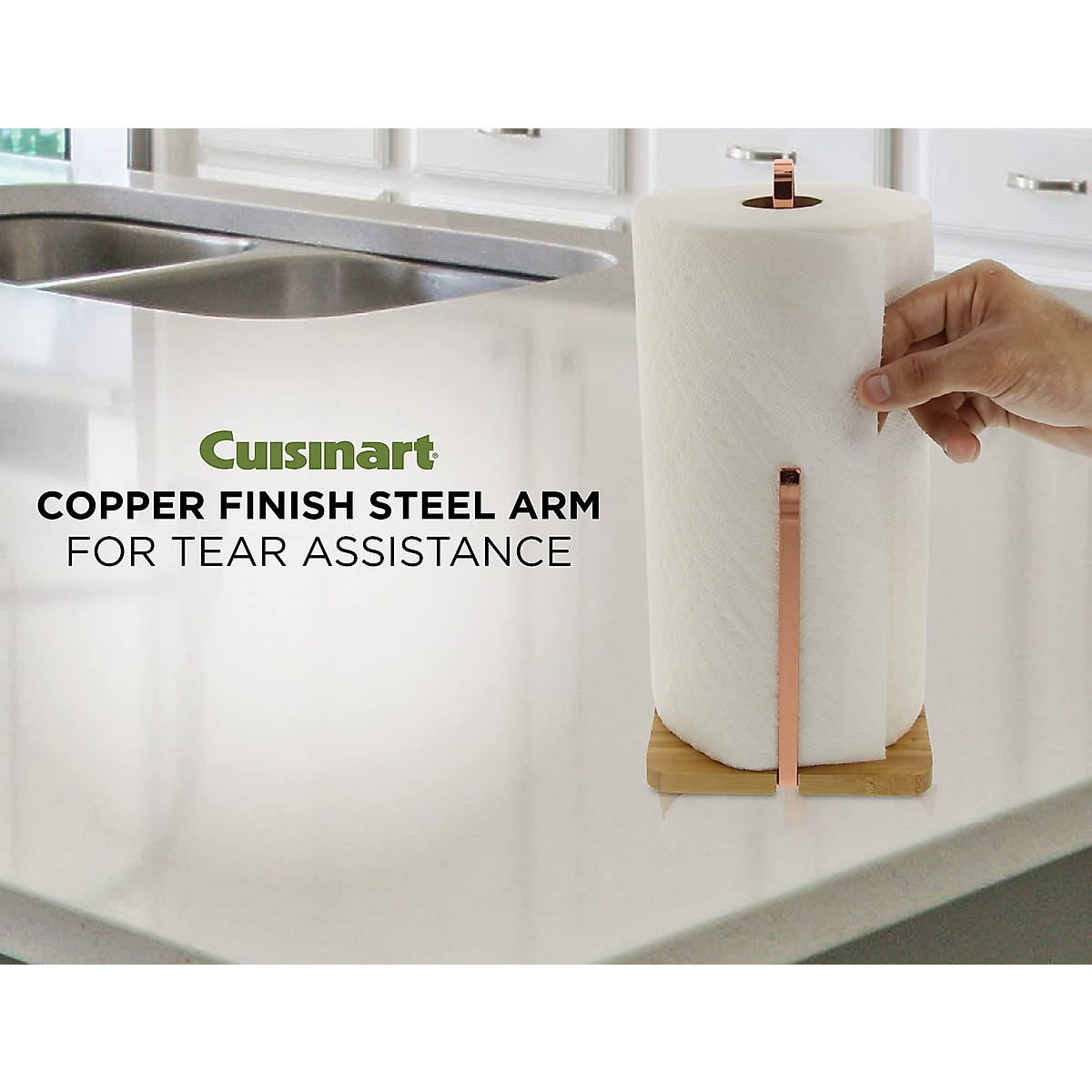 Cuisinart Stainless Steel Finish Paper Towel Holder with Solid Bamboo Base, Stainless Steel Arm for Tear Assistance, Countertop Paper Towel Dispenser, Fits Any Size Kitchen Towel Roll - Copper Finish