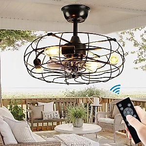 Caged Ceiling Fan with Light Modern Industrial Ceiling Fans with Lights Remote Control Farmhouse Ceiling Fan Light Gazebo Fan light for Patio Kitchen Living room Entrance Indoor Outdoor Black