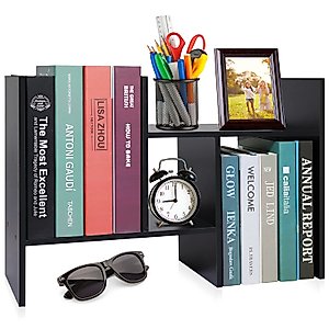 Hossejoy Desktop Organizer Office Storage Rack Adjustable Wood Desk Organizer Display Shelf, Countertop Bookcase Desktop Bookshelf- Free Style Double H Display, Black