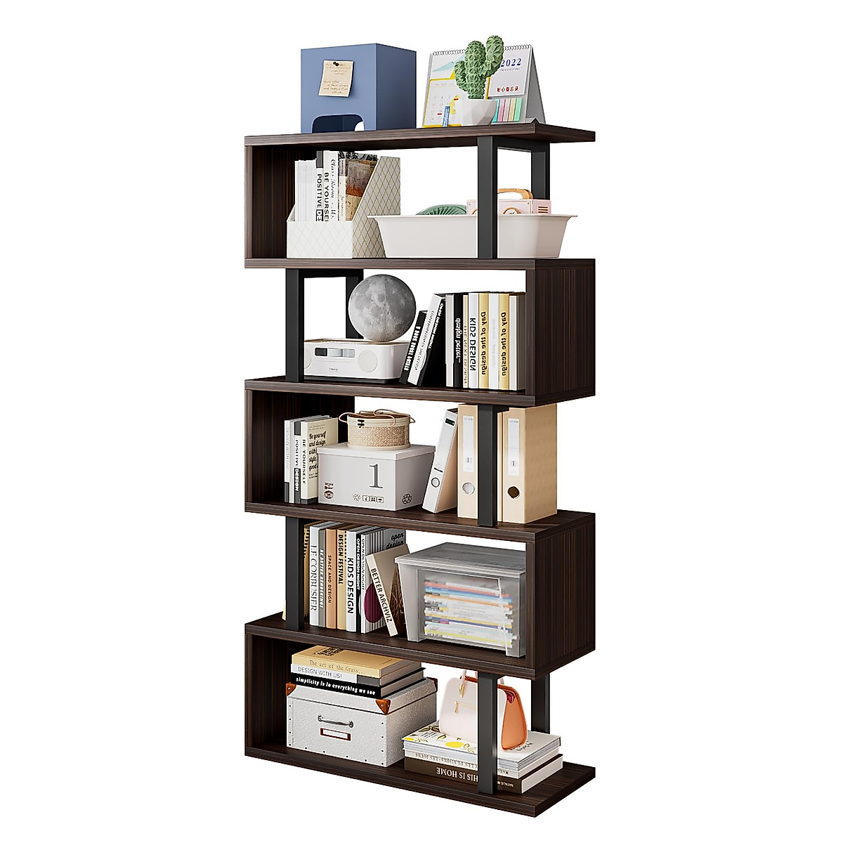 SORCEDAS Bookshelf Geometric Bookcase S Shaped Industrial Bookshelf Storage Display Stand Shelf for Living Room Bedroom and Office Room (Black, 5 Tier)