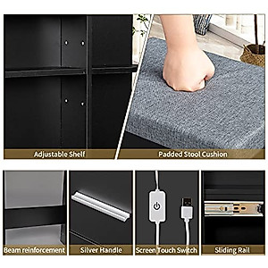 Karl home Lighted Vanity Desk with Sliding Mirror Black Makeup Table with 5 Drawers, Storage Shelves, Cushioned Stool, LED Dressing Table Set for Women