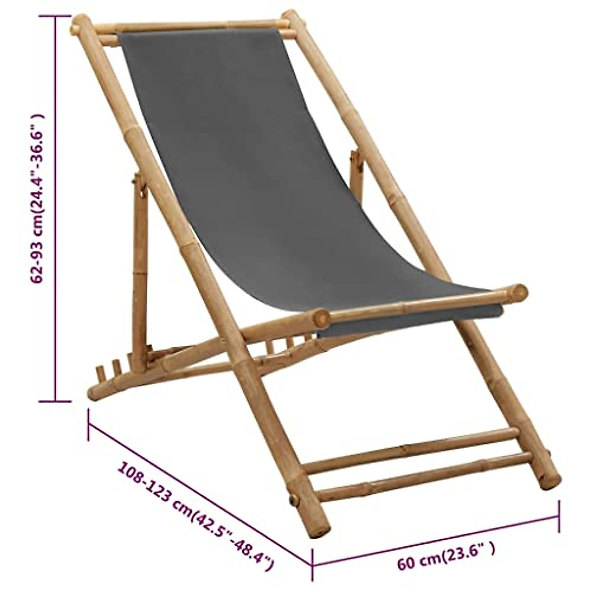 MBFLUUML Beach Sling Patio Chair, Outdoor Folding Recliner Chair,Deck Chair Bamboo and Canvas Dark Gray Suitable for Lawn, Garden, Porch and Backyard.