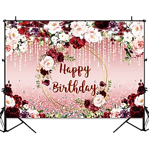 Sensfun Floral Happy Birthday Backdrop Burgundy Flowers Rose Gold Glitter Bokeh Spots Photo Background Vinyl Women Birthday Party Cake Table Decorations Photoshoot Banner (7x5ft)