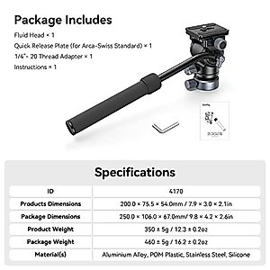 SmallRig Tripod Fluid Video Head with Leveling Base, Quick Release Plate for Arca Swiss and Adjustable Handle, Pan Tilt Head for Compact Cameras DSLR Cameras, Load up to 8.8lb/4kg-4170