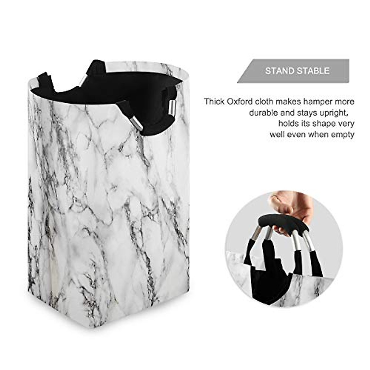 ALAZA White Marble Texture Large Laundry Basket, Collapsible Oxford Fabric Laundry Hamper, Foldable Clothes Tote Bag, Bin Storage Organizer with Handles
