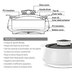 Milton Casserole for Hot Food, Double Walled Insulated Inner Stainless Steel Hot Pot with Lid, Serving box for Food and Roti, Serving Bowl, Set of 3 (Size 62, 45, 28 oz) Venice, Micro White