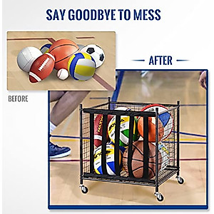 Mythinglogic Rolling Sports Ball Storage Cart, Sports Lockable Ball Storage Locker with Elastic Straps, Stackable Ball Cage for Garage Storage Garage Organizer (1 Set)