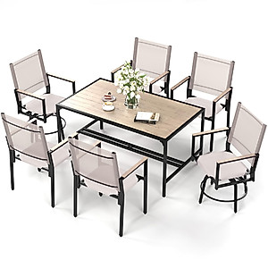 COCLUB 7 Piece Patio Dining Set for 6 Outdoor Furniture Table and Chairs Set with 2 Swivel Chairs 4 Regular Textilene Chairs and 1 Large Table with Umbrella Hole for Yard Garden Lawn Porch & Poolside