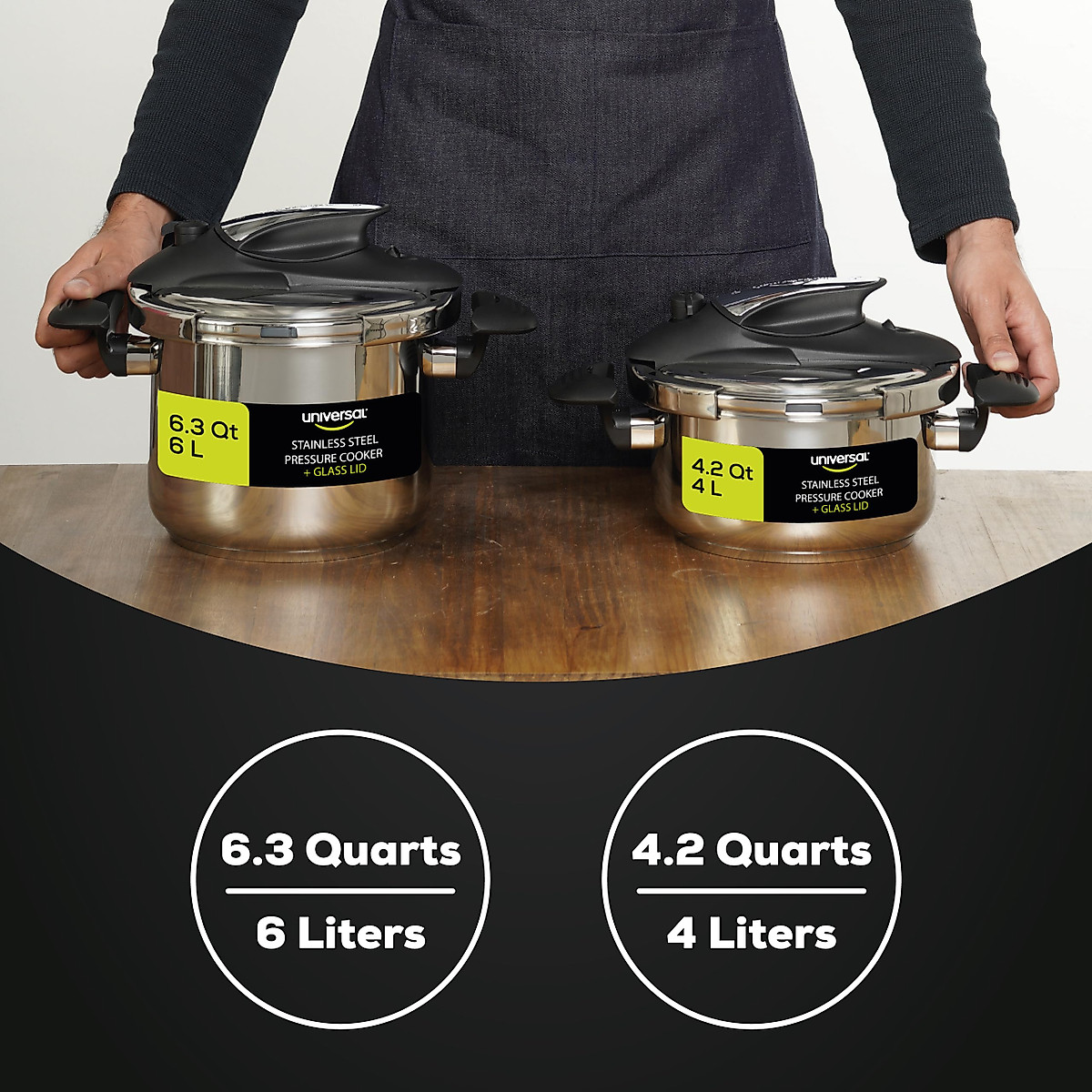 Universal 6.3 Quart / 6 Liter Stainless Steel Easy Use Pressure Cooker + Extra Glass Lid, Induction Compatible, Pressure Cooker & Multipurpose Pot, 7 servings, Pressure Canner