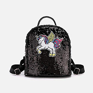sikiwind Glitter Sequins Backpack Girls Cartoon Travel Colorful Shoulder Bag (Black)