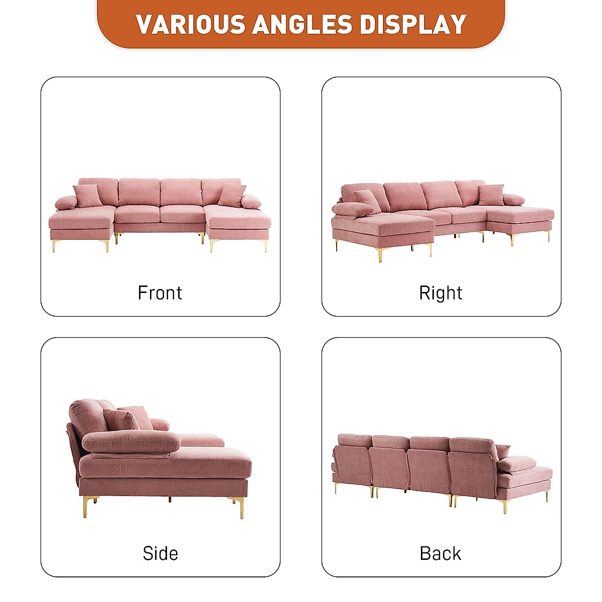 OUYESSIR U-Shaped Sectional Sofa Couch, 4 Seat Sofa Set for Living Room, 110.6" L-Shaped Chenille Sleeper Couch Set with Double Chaise Lounge (Pink)