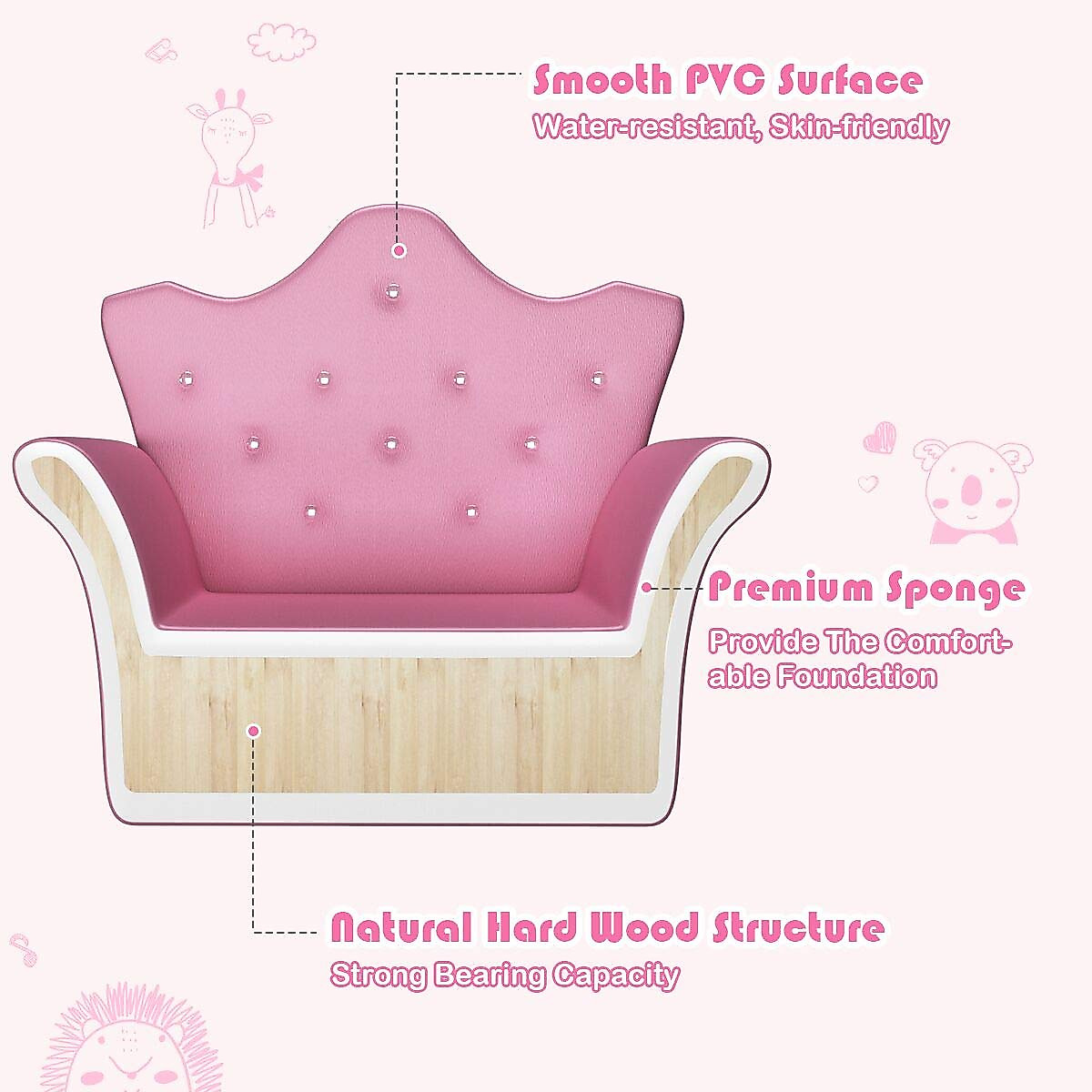 HONEY JOY Kids Sofa, Children Princess Upholstered Couch Armrest Chair with Ottoman, PVC Leather & Embedded Crystal, Toddler Bedroom Furniture for Baby Girl (Pink)