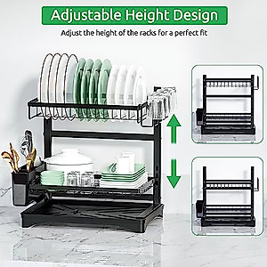 KOOTETA Dish Drying Rack, 2-Tier Dish Rack for Kitchen Counter, Space Saving Kitchen Drying Rack, Dish Dryer Rack with Drainboard, Utensil Holder and Cup Holders, Black