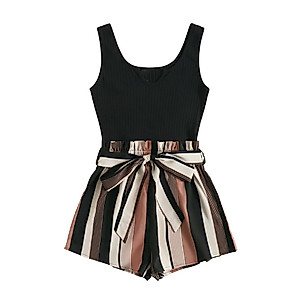 SOLY HUX Women's Summer Sleeveless Belted Tank Romper Short Jumpsuit Black M