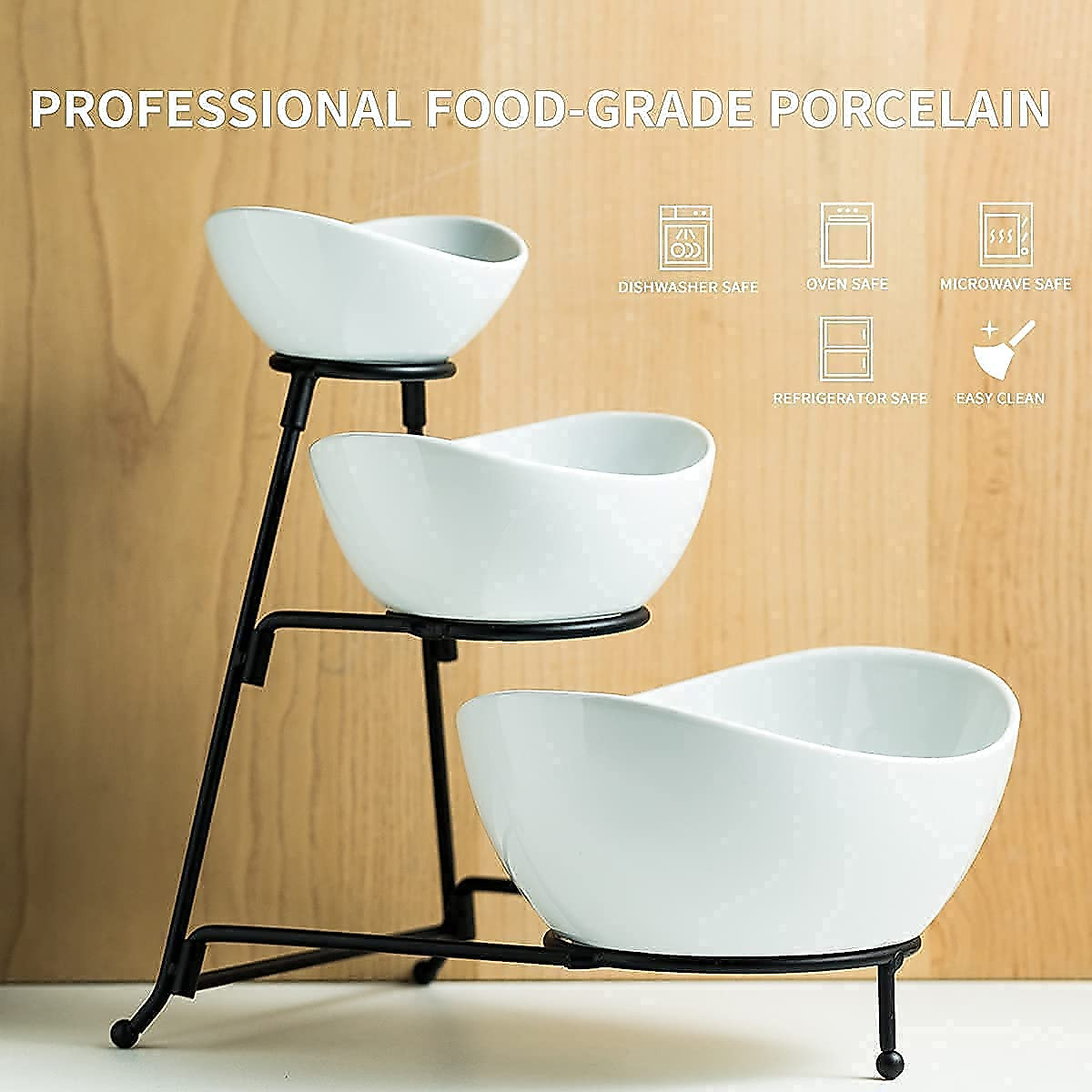 3 Tier Serving Stand Tiered Oval Bowl Stand with 3 Oval Porcelain Serving Bowl Set with Collapsible Thicker Sturdier Metal Rack (Black)