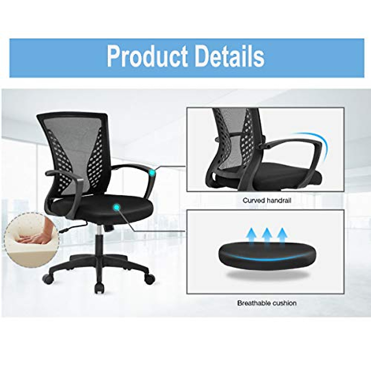 Home Office Chair Ergonomic Computer Desk Chair Mesh Task Chair with Lumbar Support Swivel Rolling Office Chairs Adjustable Mid Back Mesh Chair for Adults, Black