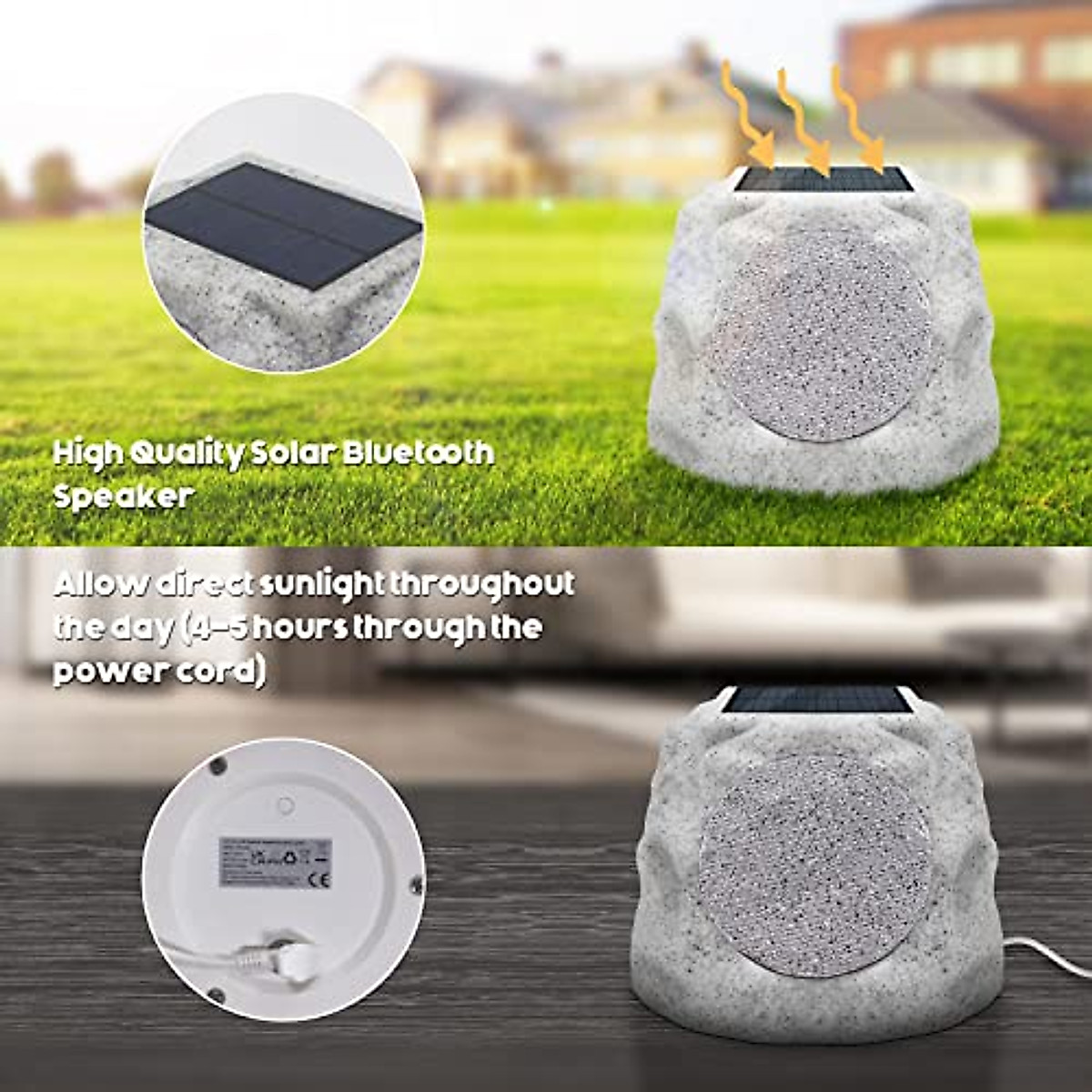 Outdoor Rock Speaker Solar-Powered Wireless Bluetooth 5.0 Speaker Waterproof with RGB Color Multi-Unit Connect Outdoor Speakers for Patio Pool Deck Yard Garden and Home - Pair
