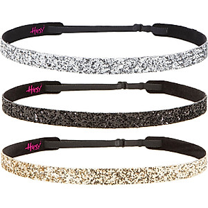 Hipsy Women's Adjustable NO SLIP Skinny Bling Glitter Headband Multi 3pk (Black/Gold/Silver)