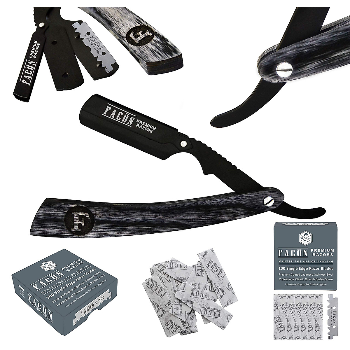 100 BLADES + Facón Professional Wooden Straight Edge Barber Razor - Salon Quality Cut Throat Shavette