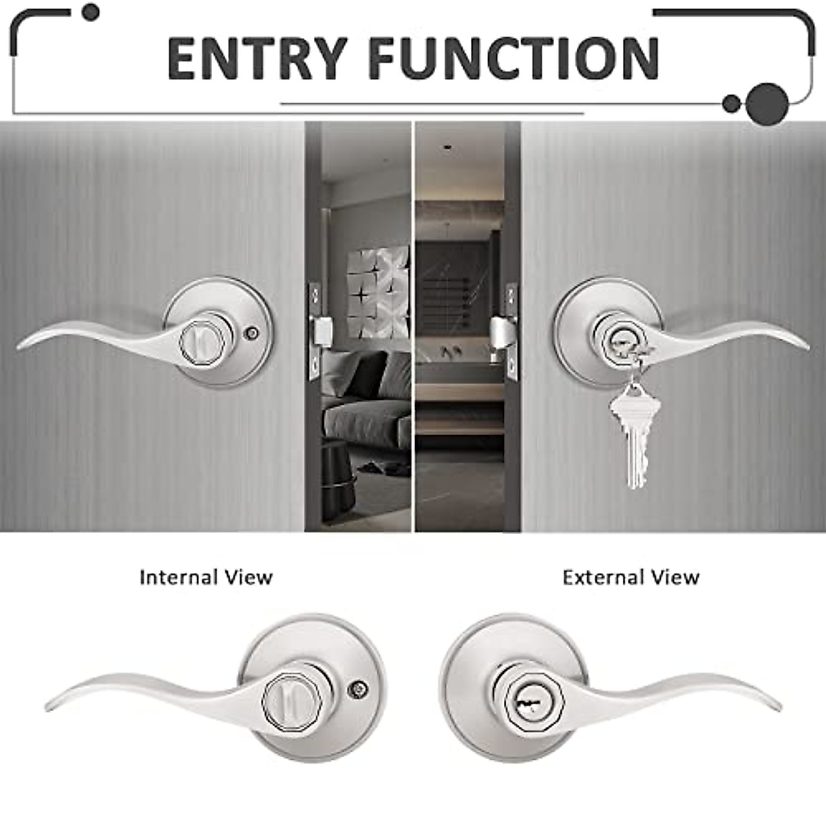 Probrico (3 Pack Entry Door Lever [Lock with 3 Keys],Locking Door Handle Set for Office or Front Door,Satin Nickel Finish Wave Entrance Door Lock with Key, Reversible Right & Left Side Handed