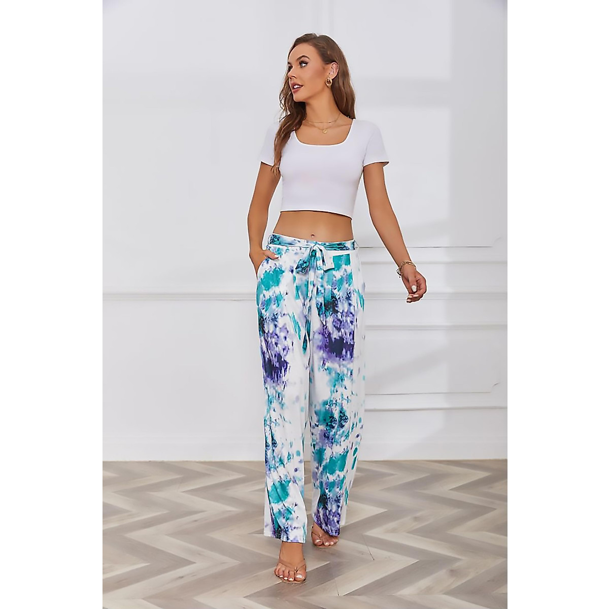 TICOSA Women's Pants Printed Palazzo Lounge Wide Leg Casual Flowy Pants with Pockets