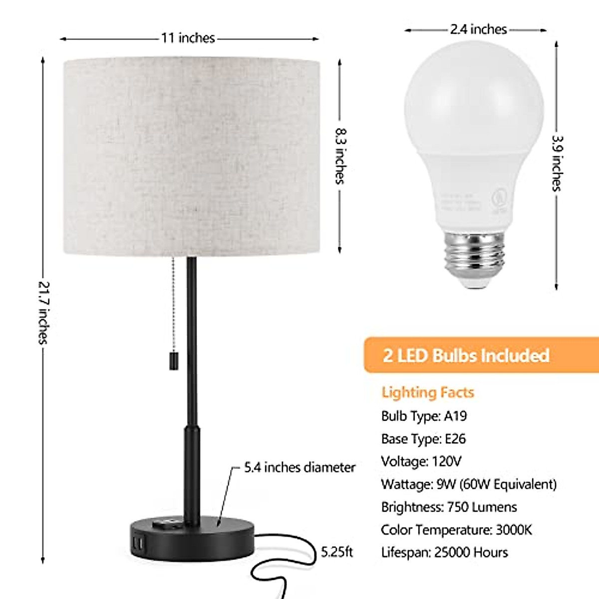 JS NOVA JUNS Table Lamps, Bedside Lamp Set of 2 with Dual USB Ports and 3-Prong AC Outlet, Modern End Table Nightstand Light Perfect for Bedroom, Living Room, Study Room, LED Bulbs Included