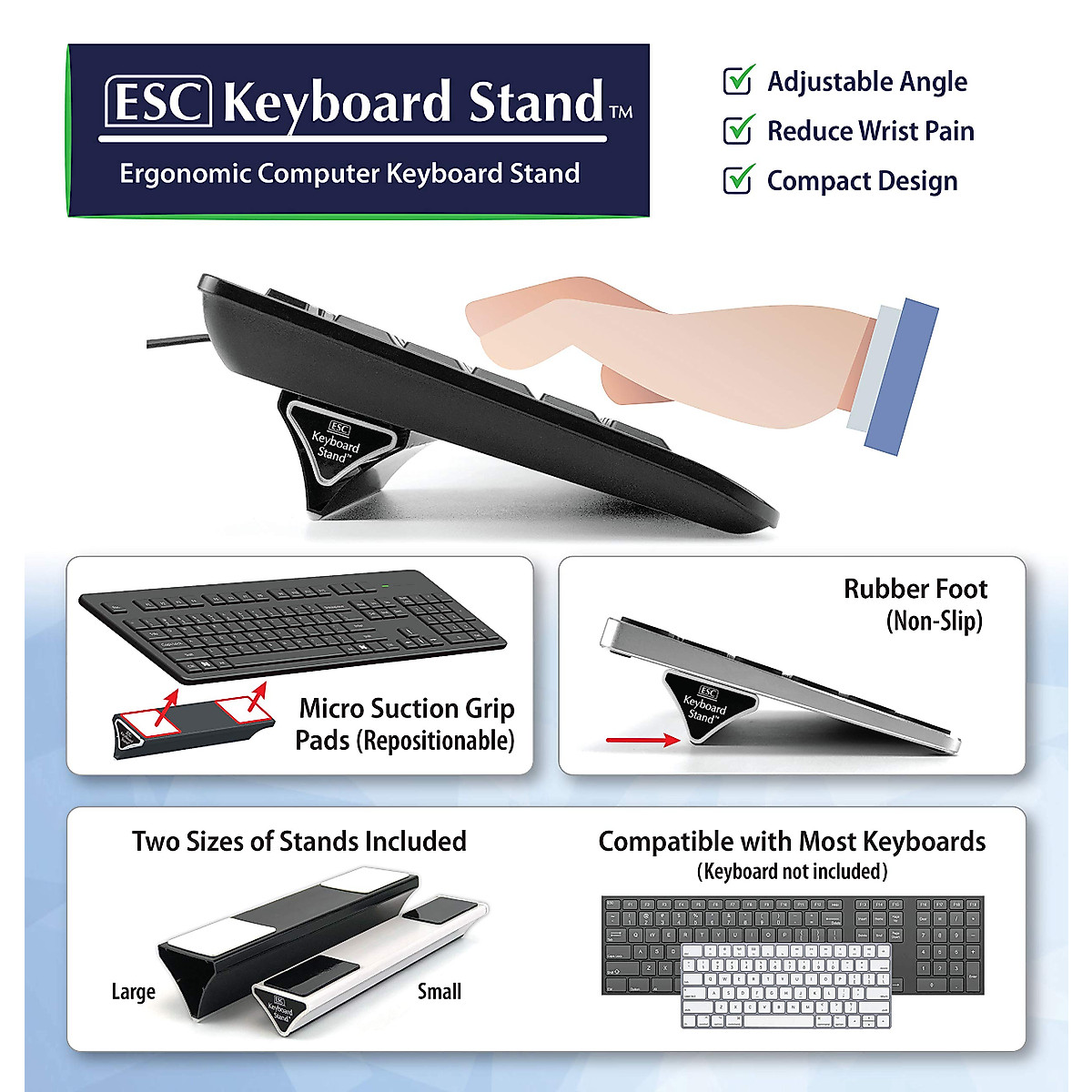 GPG2 ESC Computer Keyboard and Laptop Stand, Ergonomic Angles and Tilt, Two Sizes of Stands Included, Compatible with Flat-Back Keyboard Only