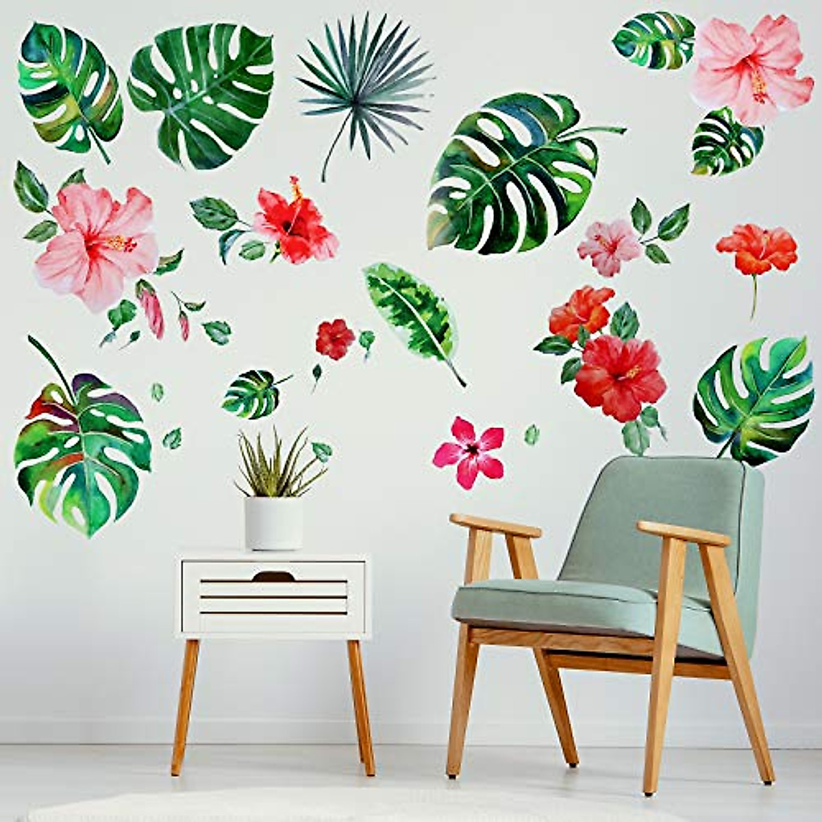 66 Pieces Large Palm Leaves Wall Decals Tropical Hibiscus Flower Peel Removable Stickers Green Plants Fresh Leaves Stickers for Kids Baby DIY Bedroom Living Room Office Bathroom Wall Corner