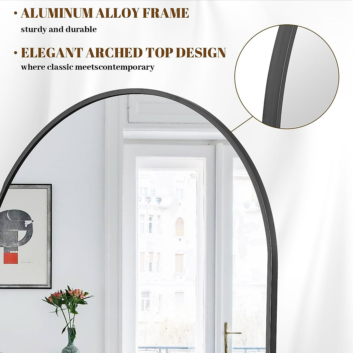 Koonmi Arched Full Length Mirror, 64"x21" Black Standing Hanging or Leaning Full Body Mirror with Aluminum Alloy Frame for Living Room and Bedroom