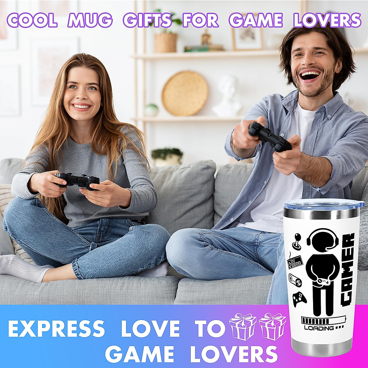 Icesip 20oz Gamer Tumbler - Stainless Steel Gaming Mug with Straw & Brush - Cool Game Controller Design - Birthday Gift for Men, Boys, Gamers