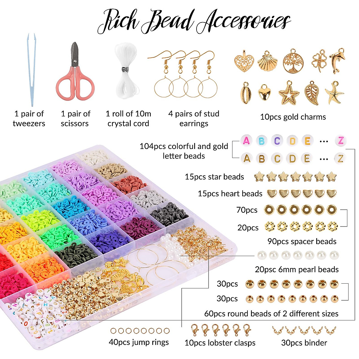 Quefe 8200pcs Clay Beads Bracelet Making Kit, 30 Colors Flat Preppy Beads for Friendship Bracelets, Polymer Heishi Beads with Charms for Jewelry Making, Holiday Crafts Gift for Teen Girls Adults