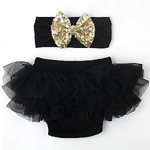 Slowera Baby Girls 2PCS Sets Cotton Tulle Sequins Diaper Cover Bloomers and Headband (Black Gold, S: 0-6 Months)