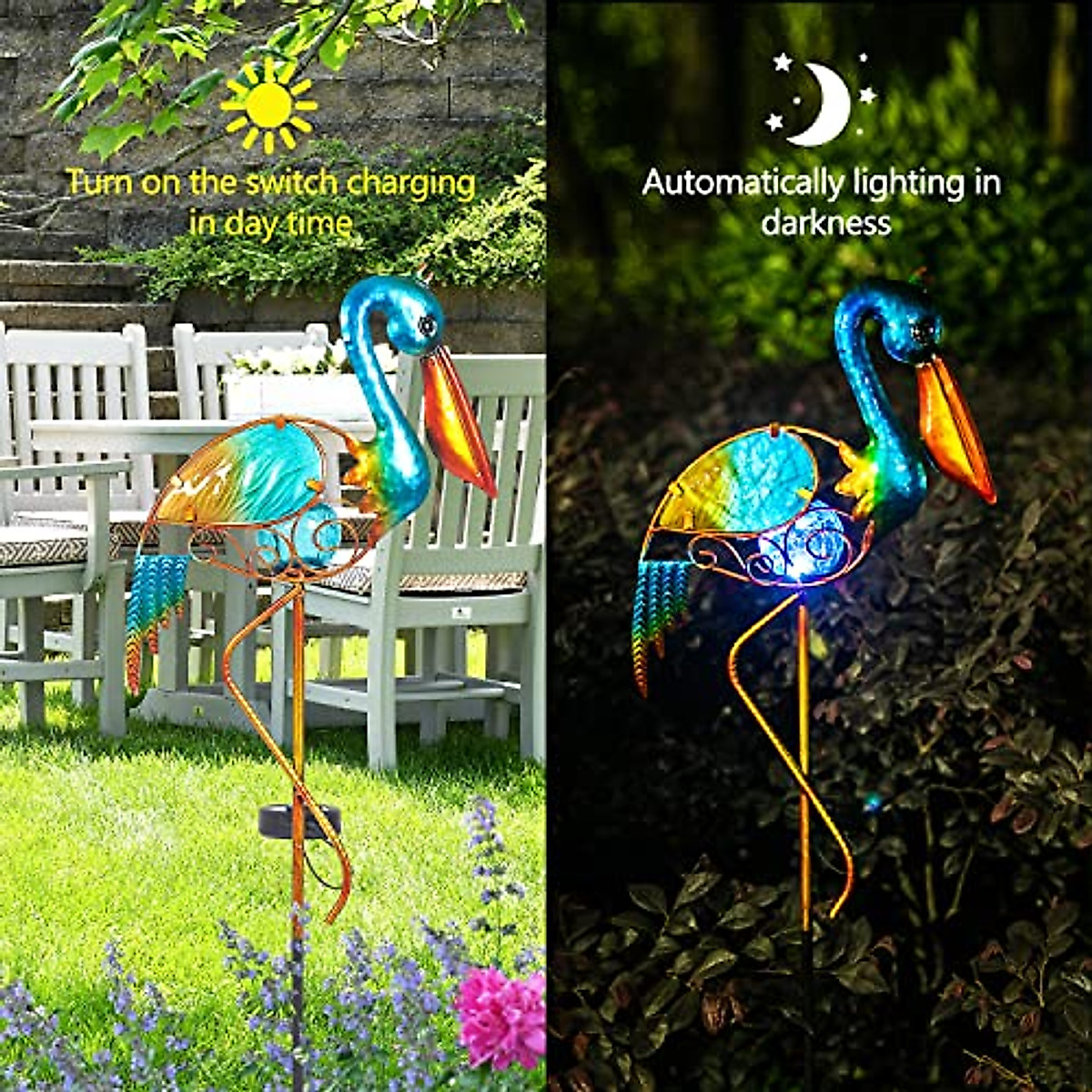 Asense Garden Solar Lights Pathway Stake Outdoor Metal Sculpture Art Decor, Solar Powered LED Lights for Lawn Patio Courtyard, Blue Flamingo with Crackle Glass Ball