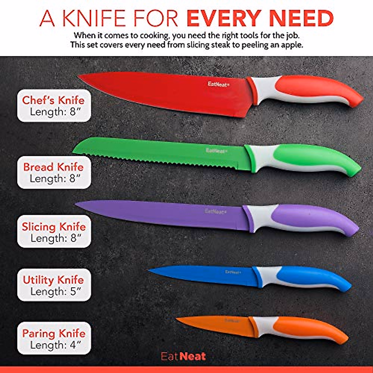 EatNeat 12-Piece Colorful Kitchen Knife Set - 5 Colored Stainless Steel Knives with Sheaths, Cutting Board, and a Sharpener - Razor Sharp Cutting Tools that are Kitchen Essentials for New Home