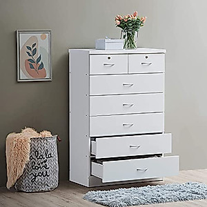 HODEDAH 7 Drawer Wood Dresser for Bedroom, 31.5 inch Wide Chest of Drawers, with 2 Locks on the Top Drawers, Storage Organization Unit for Clothing, White
