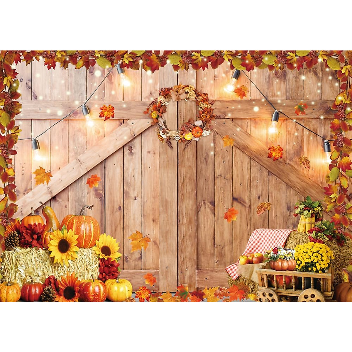 Fall Harvest Barn Backdrop Autumn Thanksgiving Wooden Farm Door Photography Background Rustic Pumpkin Maple Leaves Baby Shower Birthday Party Decorations Supplies 7x5FT