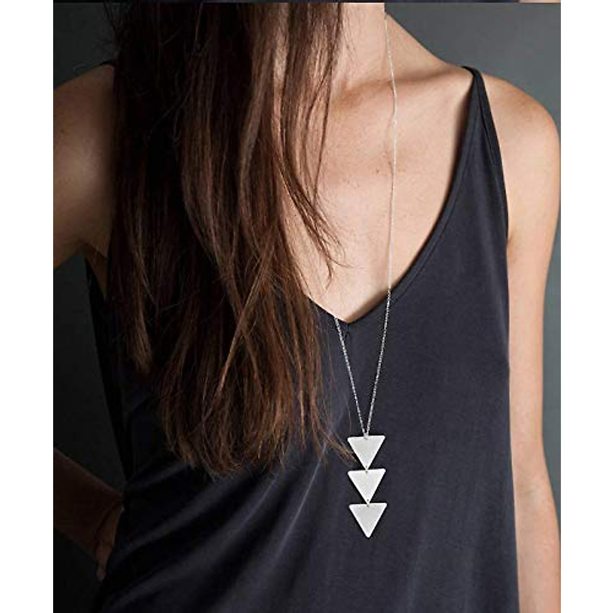 Ofeiyaa 10Pcs Long Pendant Necklace Simple Moon Bar Three Triangle Tassel Lock Sweater Y Shape Punk Chain Choker Necklace for Adults Women Silver Tone