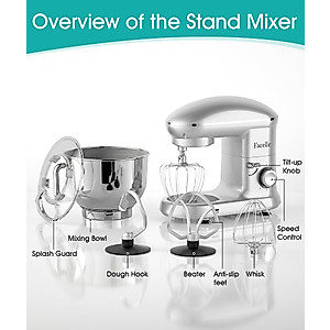 Facelle Stand Mixer, Electric Kitchen Mixer, 6 Speed Tilt-Head Stand Mixer with Pulse, Attachments include 6.5QT Bowl, Dishwasher Safe Beater, Dough Hook, Whisk for Dough, Baking,Cakes, Cookie -Silver