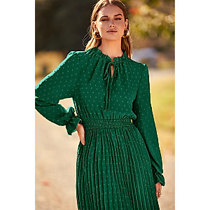 PRETTYGARDEN Women's 2025 Spring Fall Midi Dress Casual Long Sleeve V Neck Swiss Dot Pleated A Line Flowy Dresses (Dark Green,Medium)