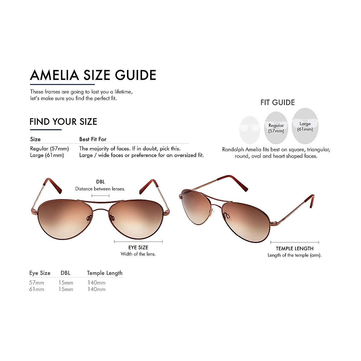Randolph USA | Amelia Aviator Authentic Sunglasses for Women Non-Polarized 100% UV