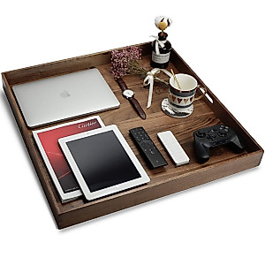 MAGIGO 24 x 24 Inches Extra Large Square Black Walnut Wood Ottoman Tray with Handles, Serve Tea, Coffee or Breakfast in Bed, Classic Wooden Decorative Serving Tray