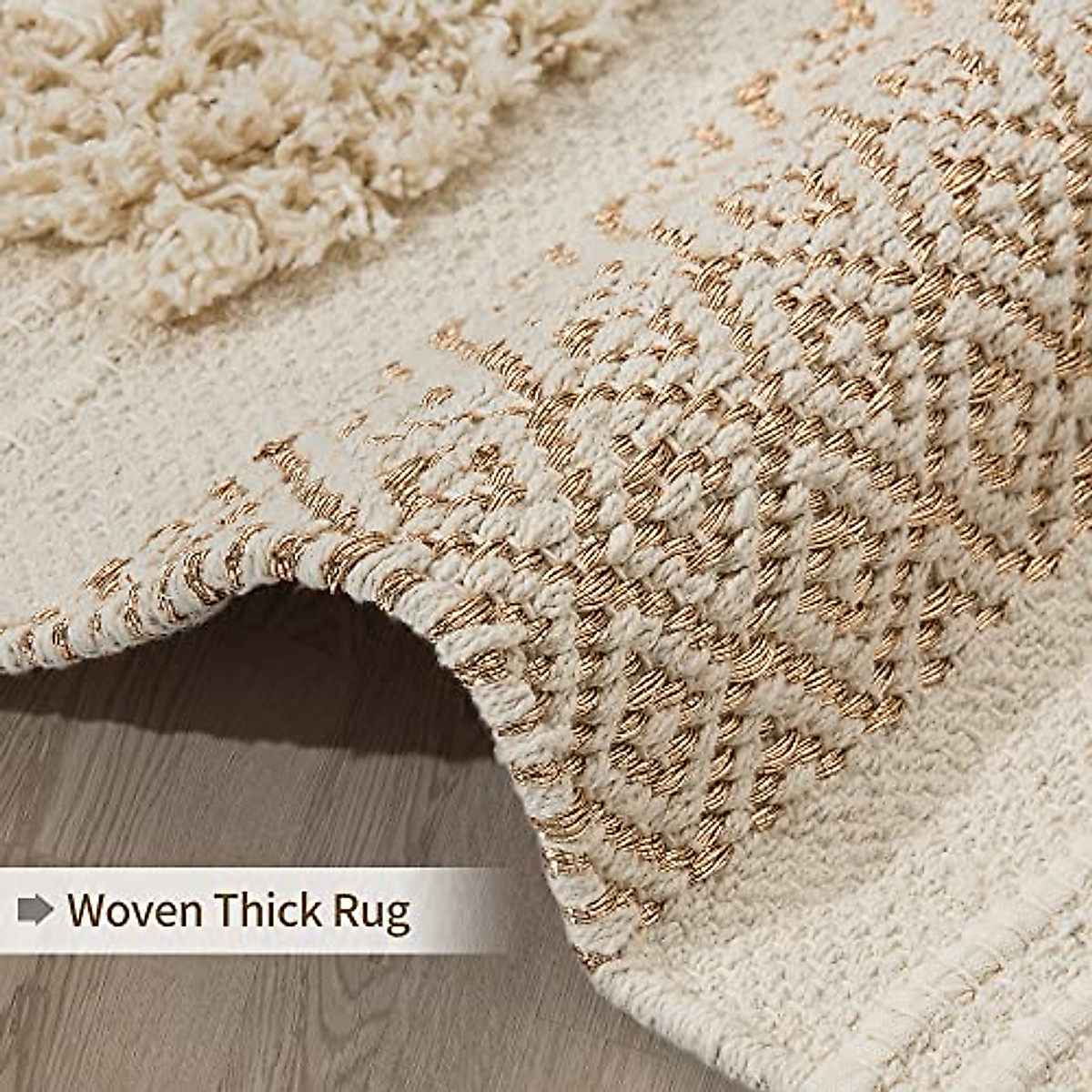 SUMGAR Boho Tribal Area Rug-3x5 Woven Cotton Rug for Bedroom, Washabel Rug, Bedroom Decor, Beige Cream Neutral Rug, Handmade Tufted Knoted Soft Rug with Sparkle Gold Metalic, for Living Room Entryway