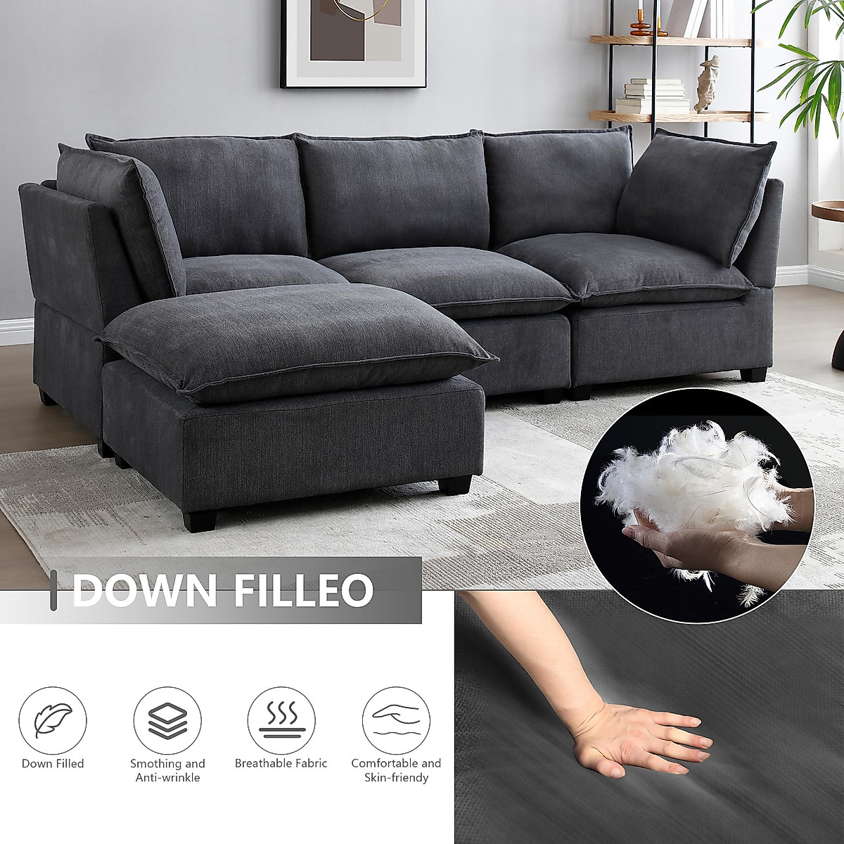 GNIXUU Cloud Modular Sectional Sofa, Convertible Large L-Shape Feather Filled Comfort Sectional Sofa with Ottoman, Linen Deep 4 Seat Couches for Living Room. Washable Cover, Gray