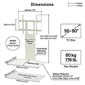 WALL V4 Floor Type | Japanese 50-90 Inch Universal Large-Screen Heavy Duty Pedestal TV Stand Adjustable Mount, No Drill | Satin White