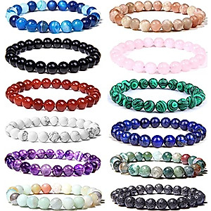 WAINIS 12PCS 8mm Semi-precious Beaded Bracelets for Men Women Healing Stretch Round Bead Crystal Gemstones Bracelets Unisex