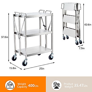 Garvee Heavy Duty Folding Utility Cart, Stainless Steel Collapsible Service Cart 133 Lbs Large Loading per Shelf, Sturdy 3-Tier Rolling Cart with Wheels Lockable for Restaurant Garage Office Outdoor