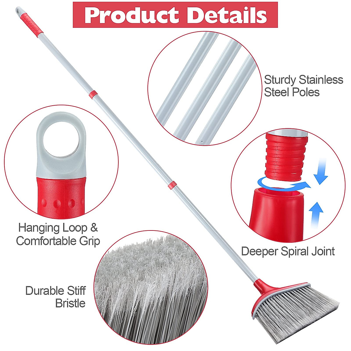 Meanplan 4 Pcs Angle Broom and Dustpan Combo Set for School Classroom 54'' Outdoor Indoor Cleaning Broom Commercial Broom with Step-on Dustpan for Home Kitchen Office Floor Dirt Dust Hair Cleaning