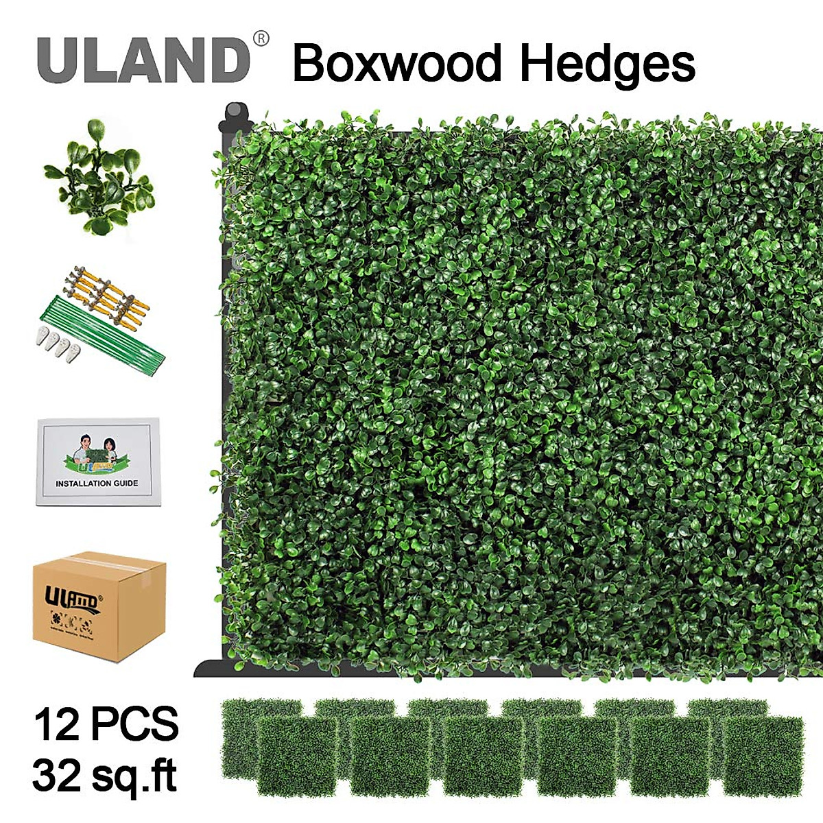 ULAND Artificial Grass Wall Panels, 12pcs 20"x20" Boxwood Hedges Mats, Greenery Backdrop Garden Privacy Screen Fence