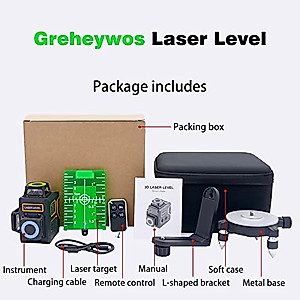 Greheywos Laser Level 12 Lines Self Leveling 3x360° 3D Green Cross Line for Construction and Picture Hanging, With Rechargeable battery, Remote Controller, Magnetic Rotating Stand, Mini Tripod Base