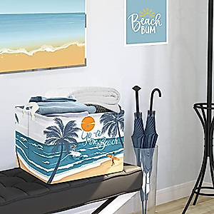 Clastyle Summer Beach Sun Sea Shelf Basket for Bedroom Coconut Trees Blue Rectangle Clothes Toys Cube Storage Basket, 36L